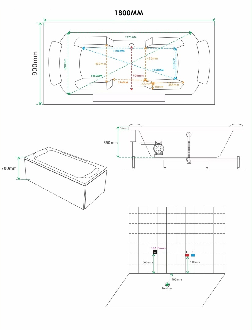 WANNA Z HYDROMASAŻEM MARBE 941 BIAŁA 180x90 CM - sklep Hydrosan.eu